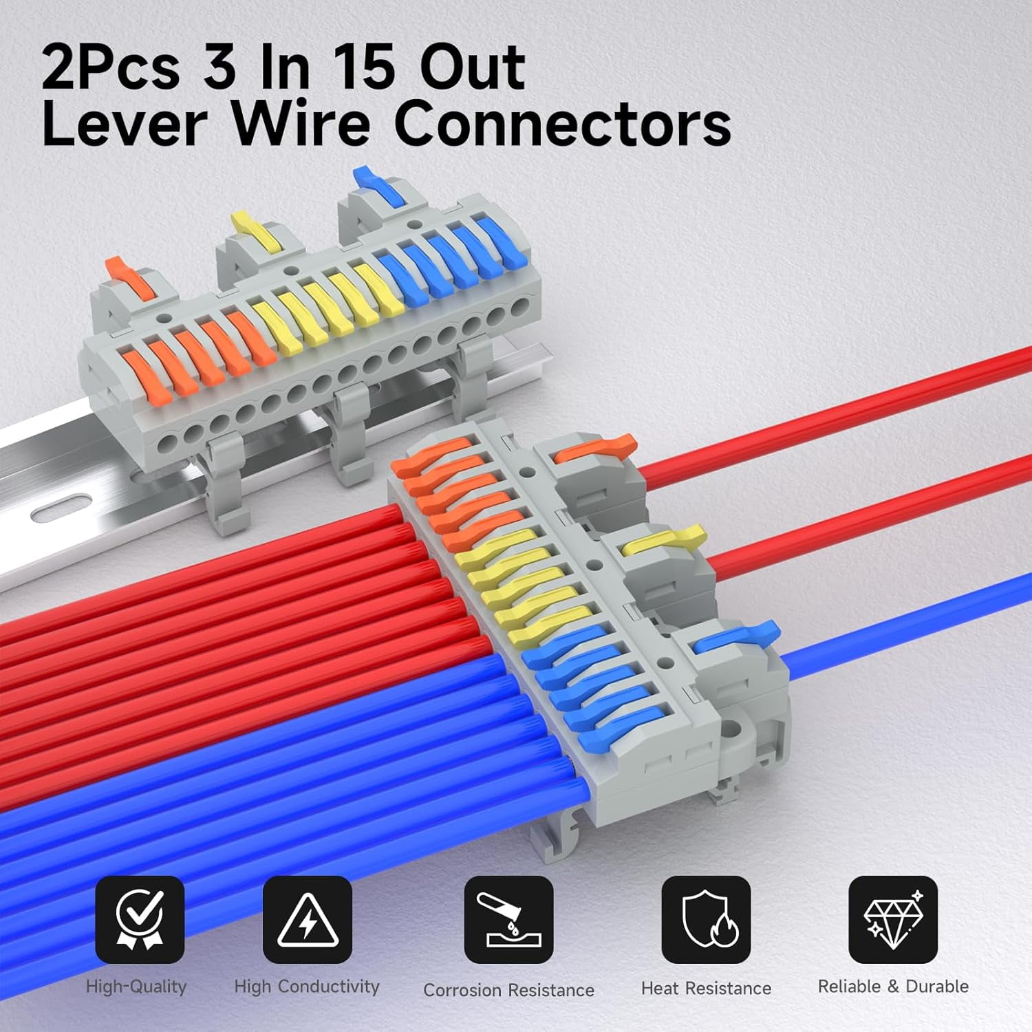 ASIASN-2Pcs Lever Wire Connectors, 3 in 15 Out, Push-in, Quick Wiring ...