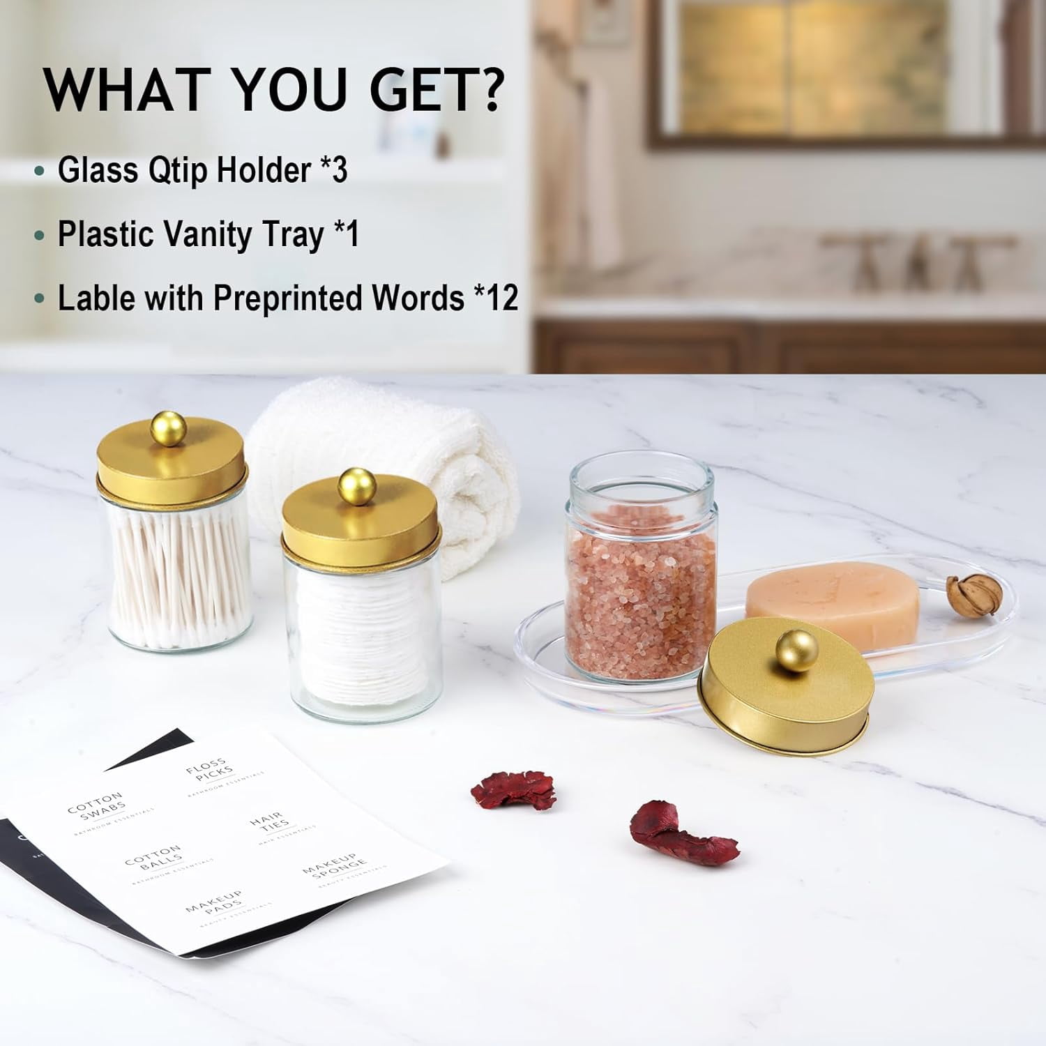 ASIASN-3-Pack Glass Apothecary Jars with Acrylic Vanity Tray - Bathroom ...