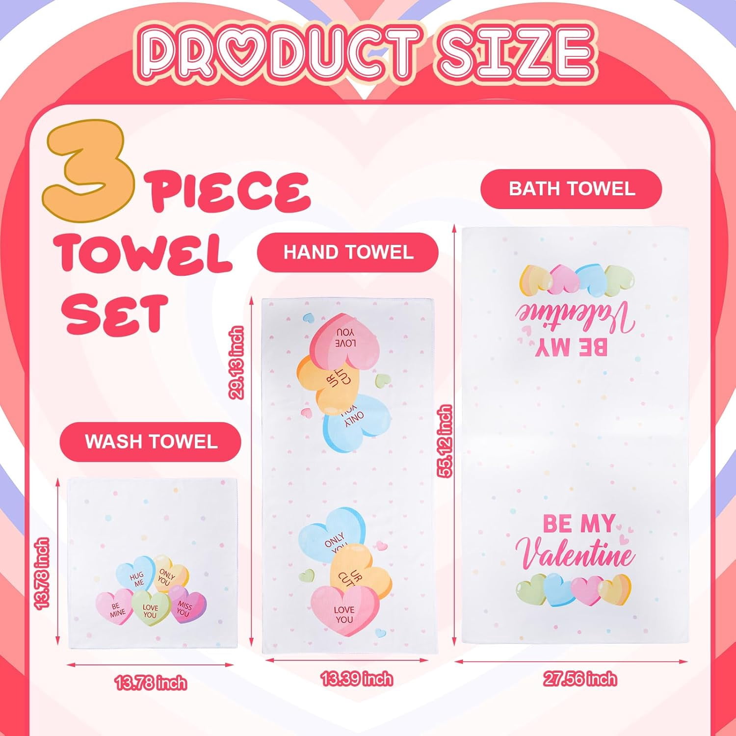 ASIASN-3 Pack Valentine's Day Bath Towels Set Valentine Candy Heart ...