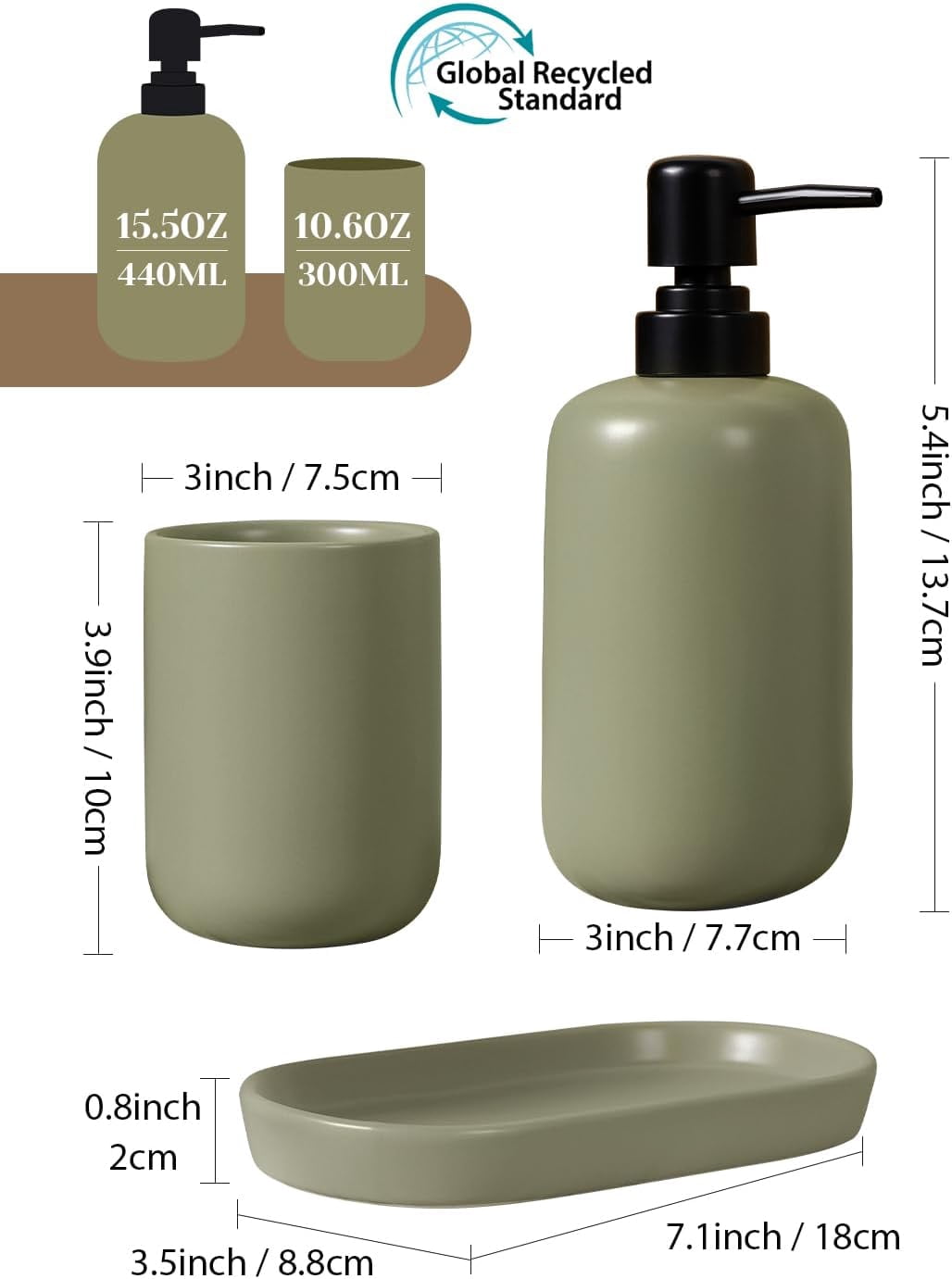 ASIASN-3 Pcs Ceramic Bathroom Accessory Set - Liquid Soap Dispenser ...