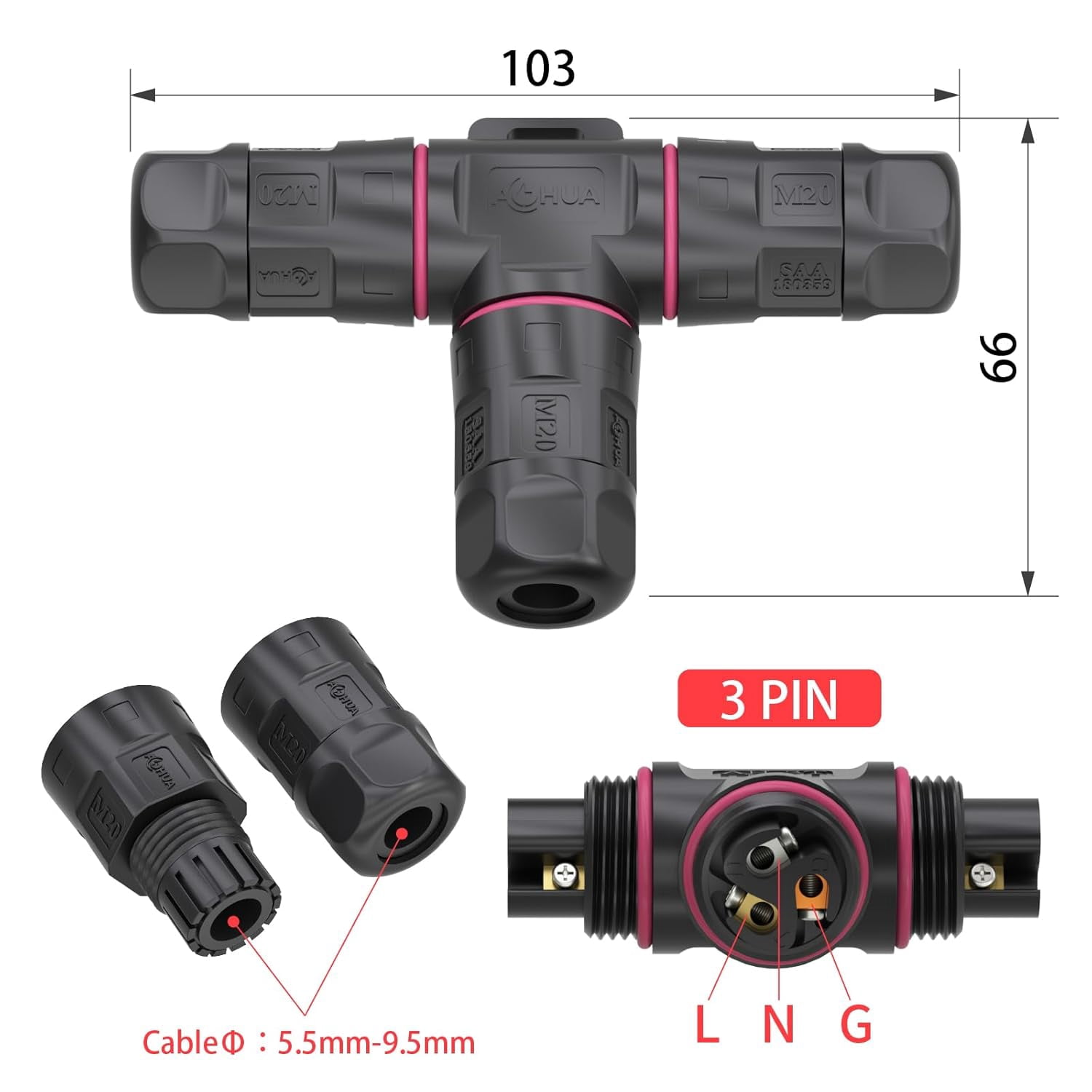 ASIASN-3 Way Junction Box, M20 3-Pin Connector, 500V/20A, IP68 T Shape ...
