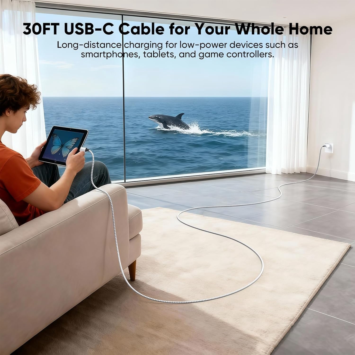 ASIASN-30 Ft USB C Cable Extra Long 35W Fast Charging Cord, Type-C Male ...