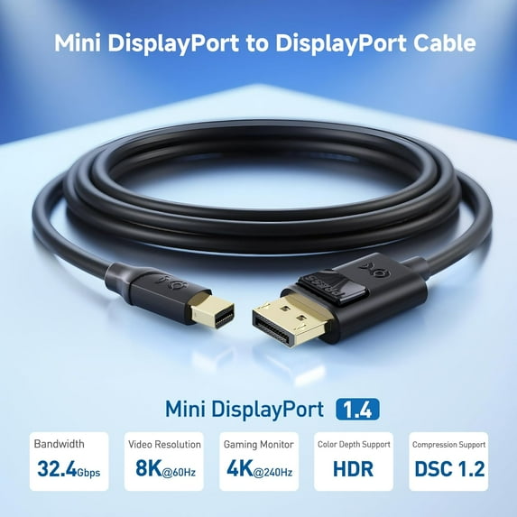 ASIASN-32.4Gbps Mini DisplayPort to DisplayPort 1.4 Cable - 10ft ...