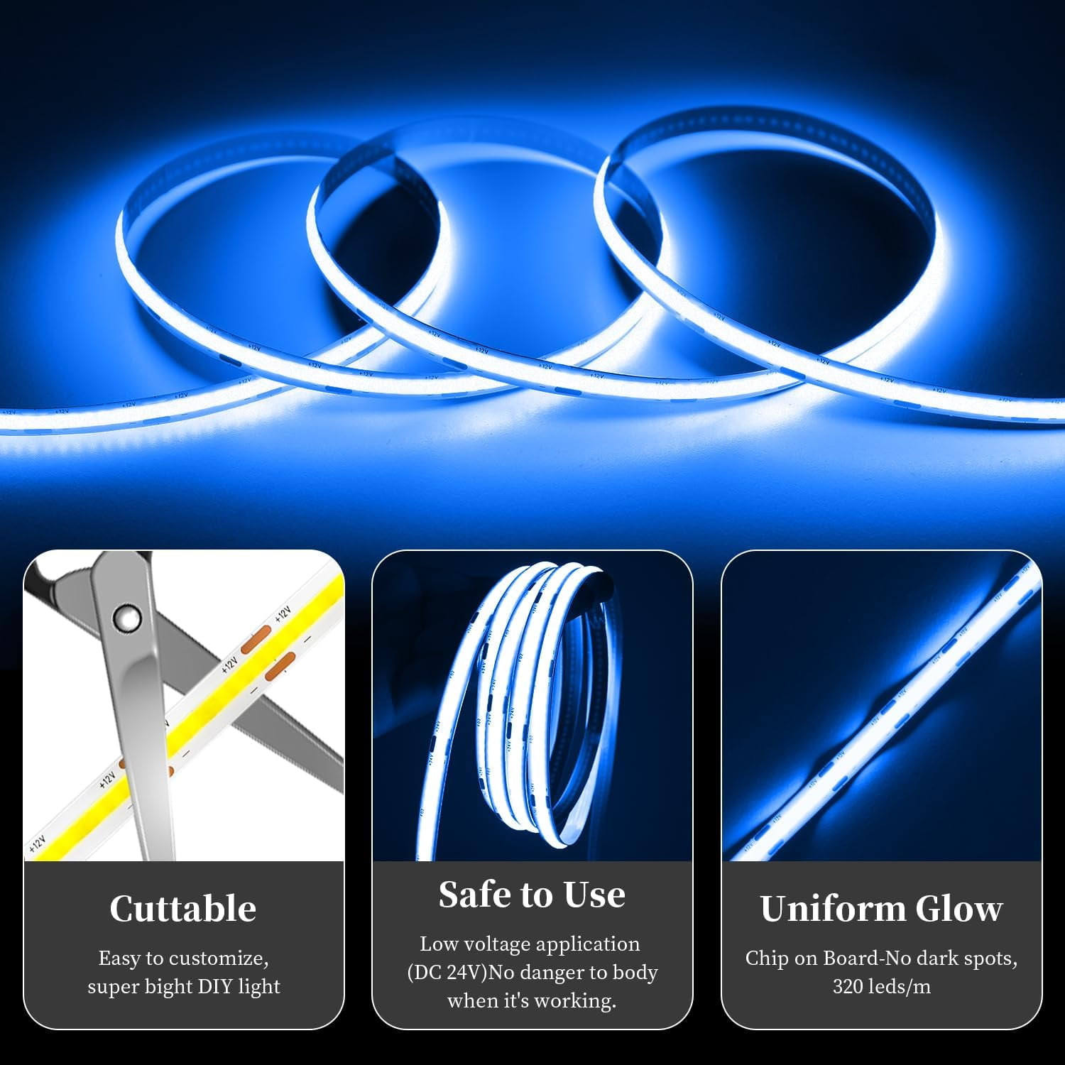 ASIASN-32.8ft/10M Bule COB LED Strip Light, DC24V CRI 93+ Bule Light ...