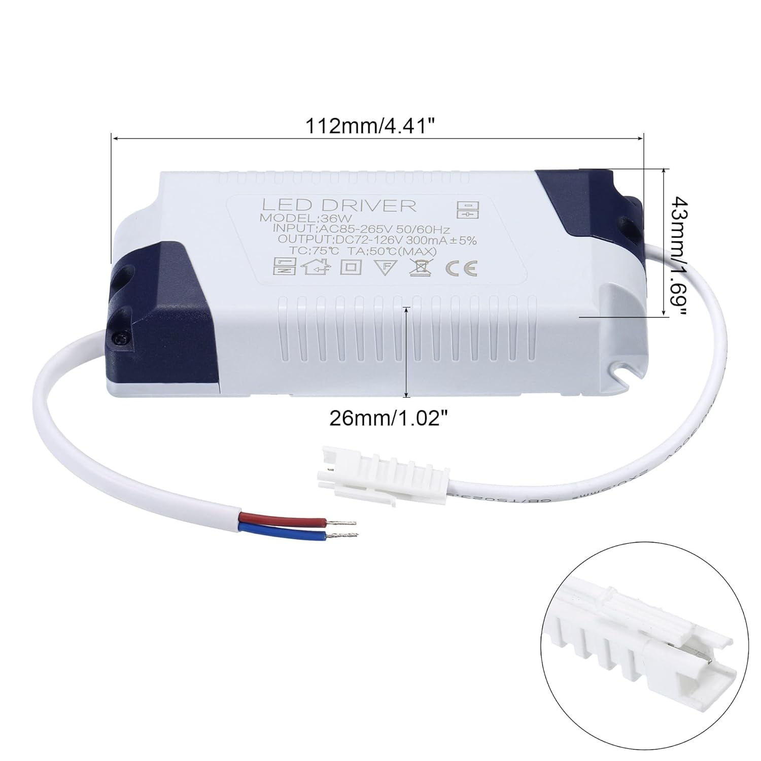 ASIASN-36W 300mA LED Driver, AC 85-265V Output 72-126V DC Male ...