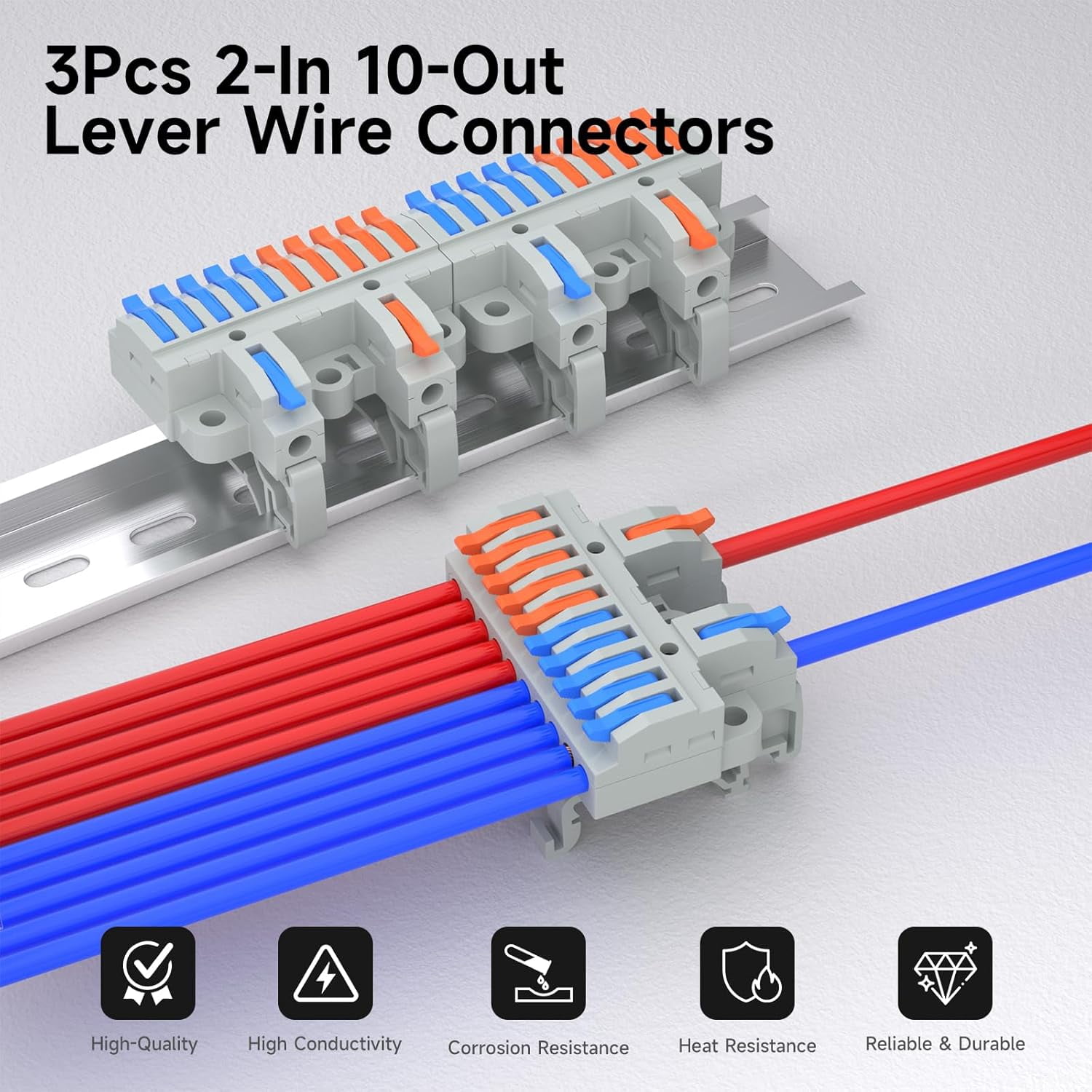 ASIASN-3Pcs Lever Wire Connectors, 2 in 10 Out, Push-in, 4-2.5 mm² ...