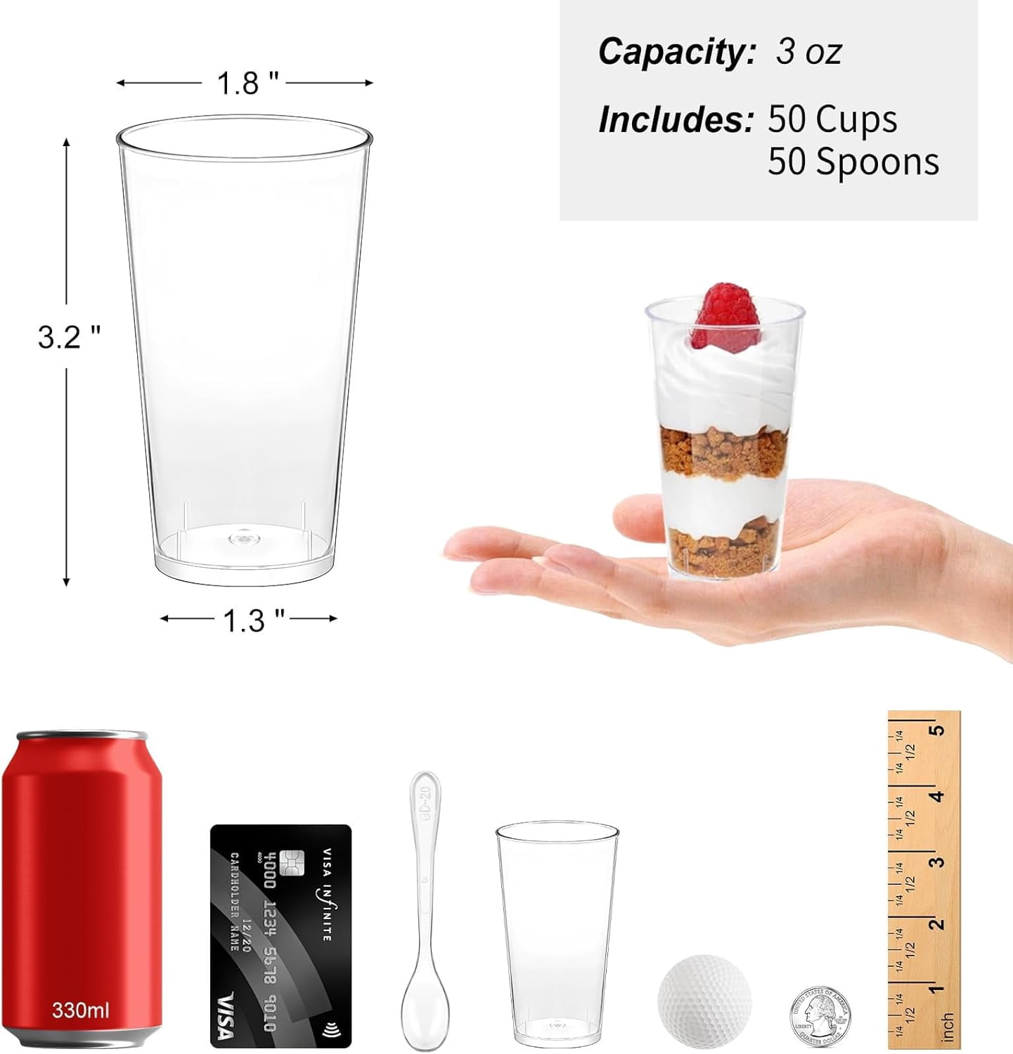 ASIASN-50 Pack Mini Dessert Cups with Spoons, 3oz Clear Plastic Parfait ...