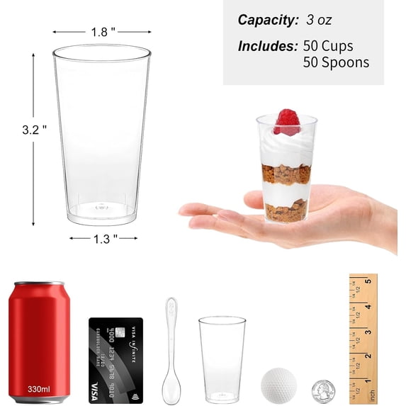ASIASN-50 Pack Mini Dessert Cups with Spoons, 3oz Clear Plastic Parfait ...