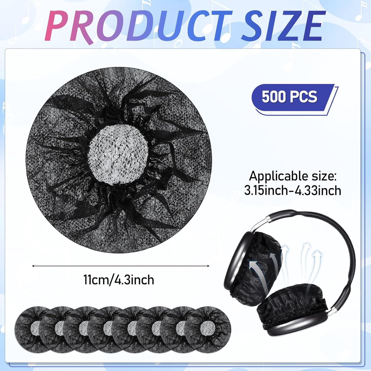 ASIASN-500 Pieces Disposable Headphone Ear Covers, 11cm/4.3in Black Non ...