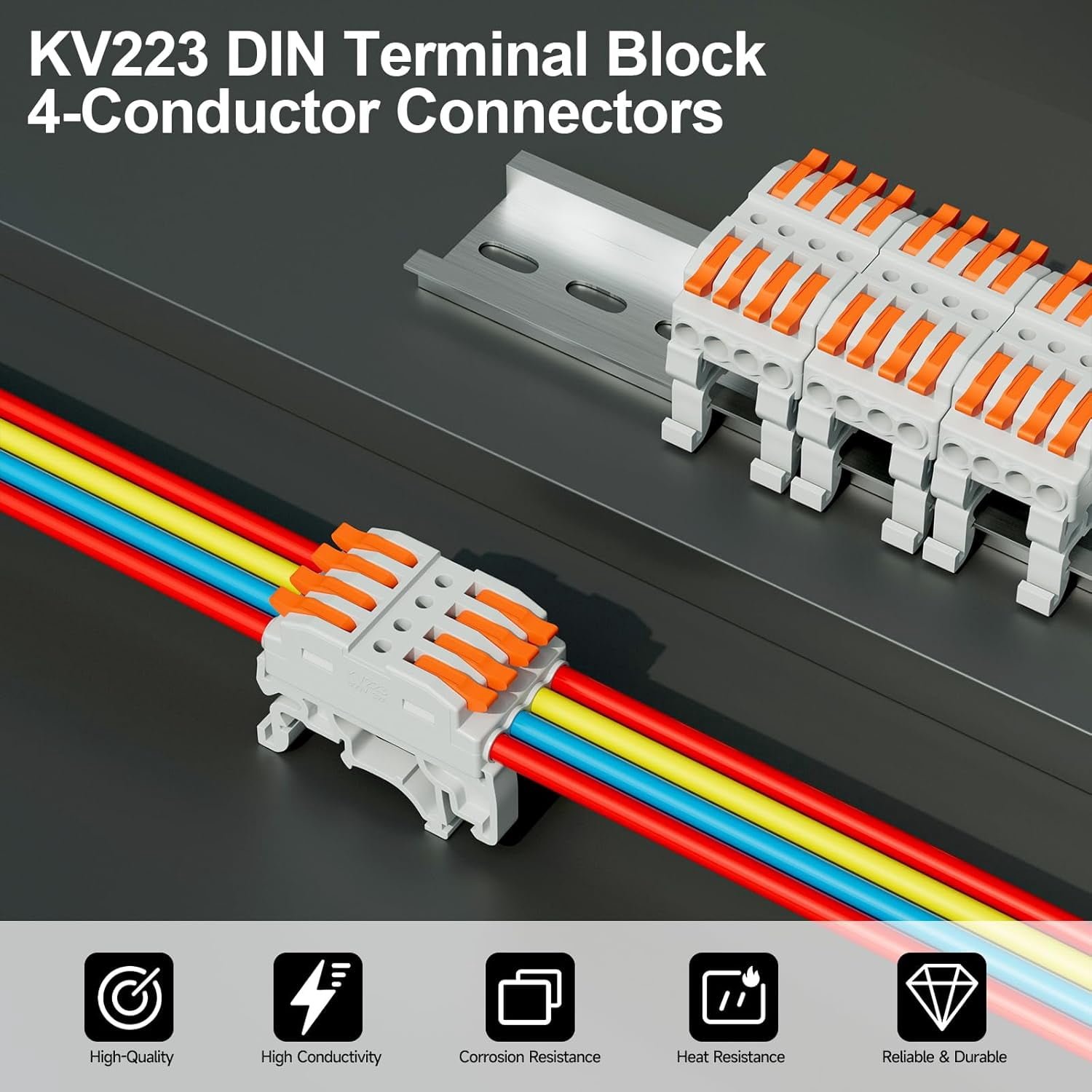 ASIASN-5Pcs DIN Terminal Blocks, 4 Conductor Compact Wire Conductor ...
