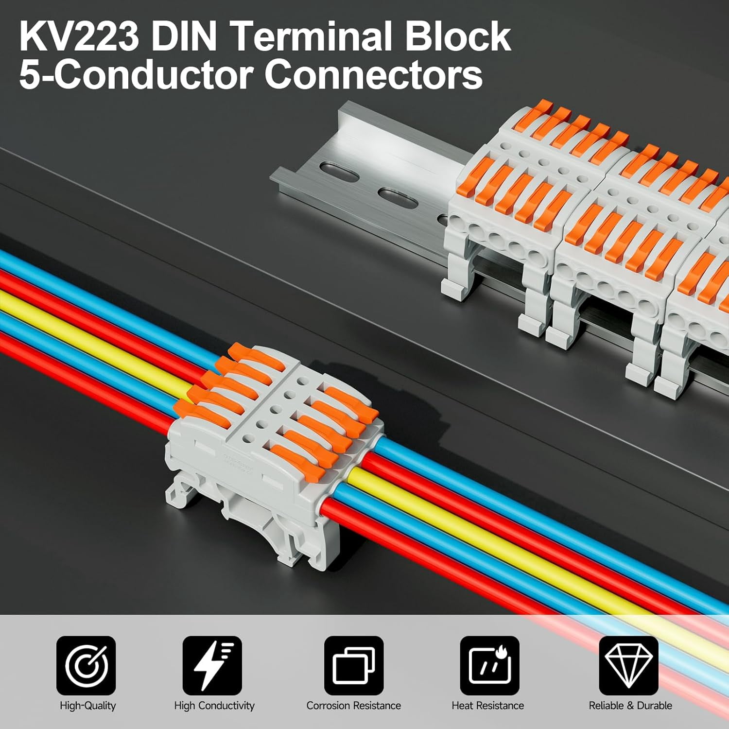 ASIASN-5Pcs DIN Terminal Blocks, 5 Conductor Compact Wire Conductor ...