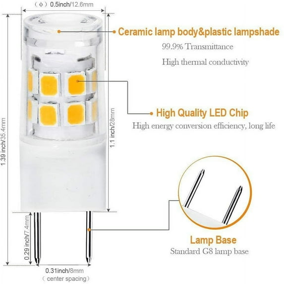 ASIASN-6-Pack GY8.6 G8 LED Bulb 3W, 120V 30W Halogen Replacement Bulb ...