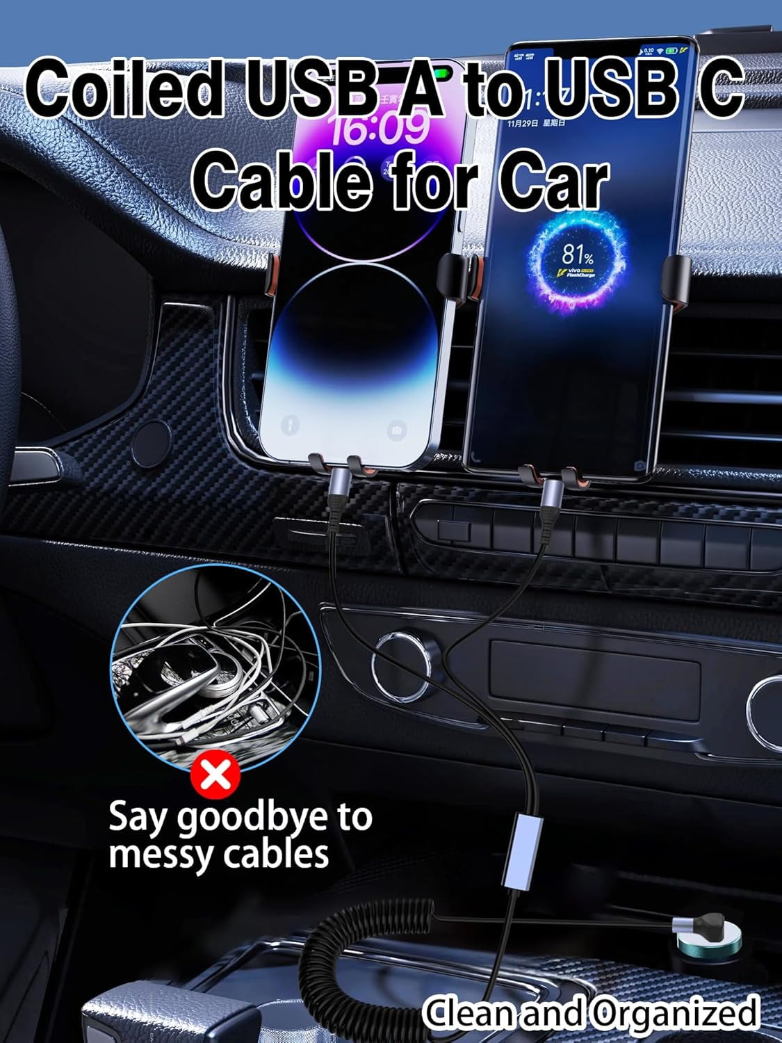 ASIASN-66W 90 Degree USB A to Multi USB C Spring Charging Cable for ...