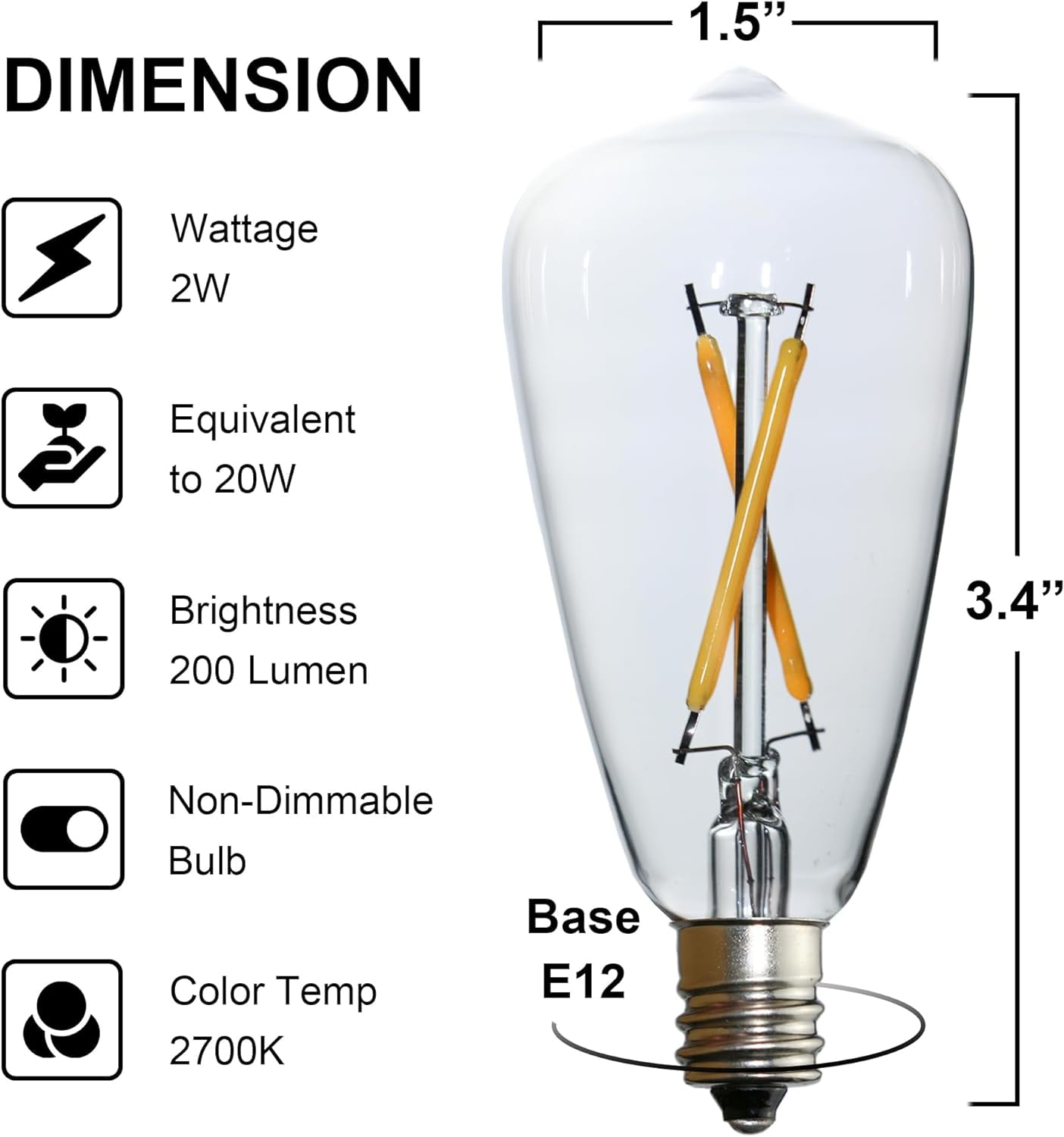 ASIASN-6pcs ST38 Edison Small Bulb 2W Equivalent to 10W-15W-20W E12 ...