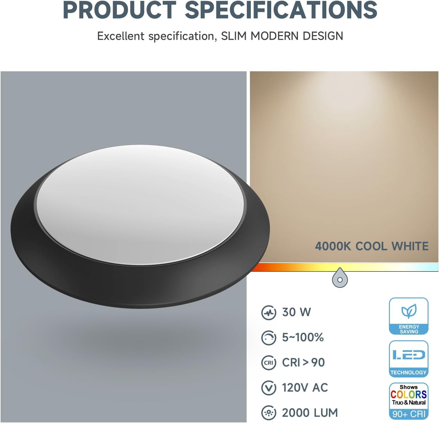 ASIASN-8 Inch LED Flush Mount Disc Light, 30W 2000Lm, 4000K Cool White ...