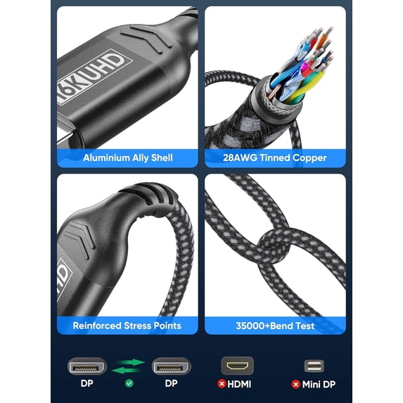 ASIASN-80Gbps Displayport Cable 2.1 for Computer Monitor, 6.6FT DP to ...