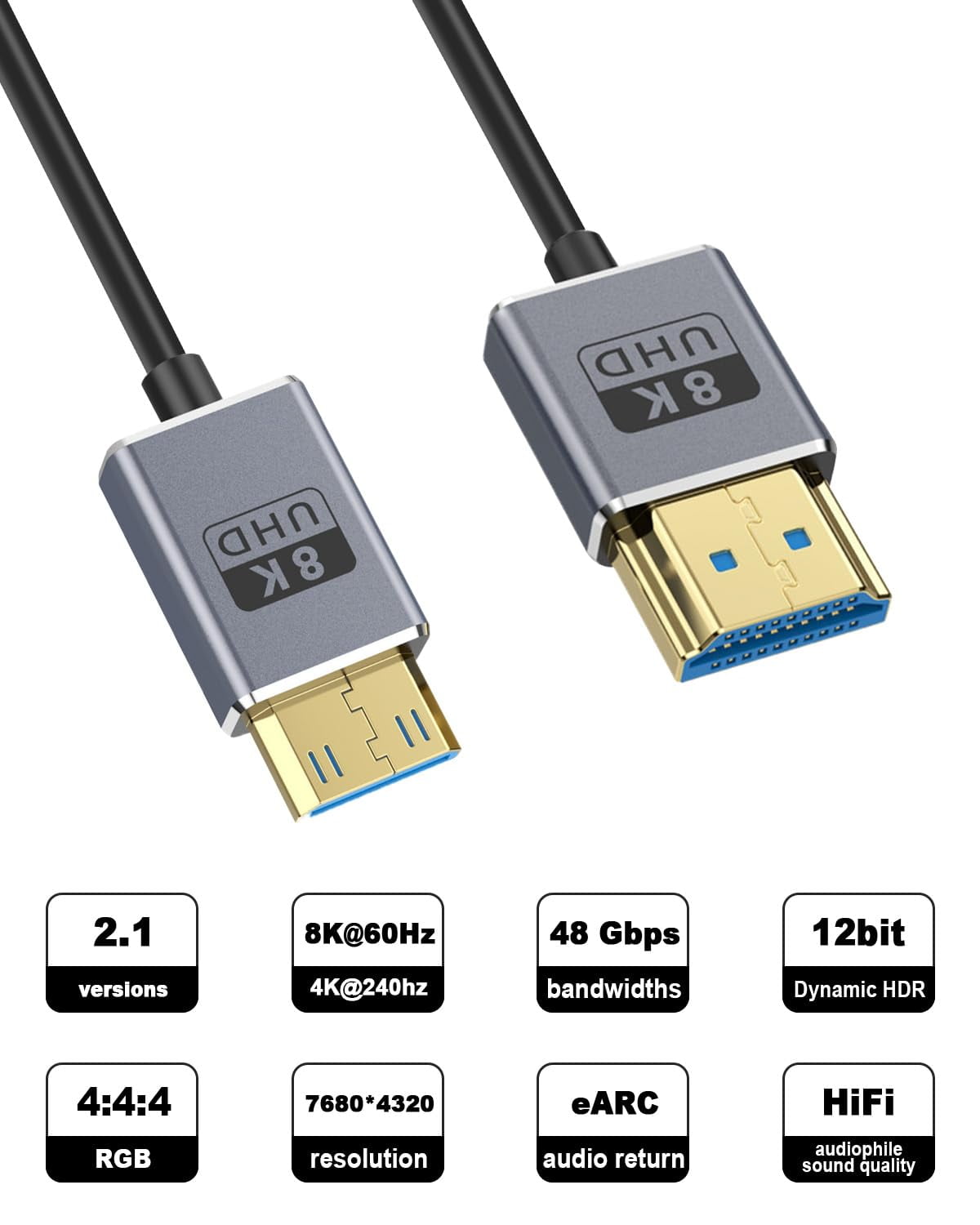 ASIASN-8K Coiled Mini HDMI to HDMI Cable 1FT-1.5FT, Coaxial HDMI to Mini HDMI Adapter Cable with ...