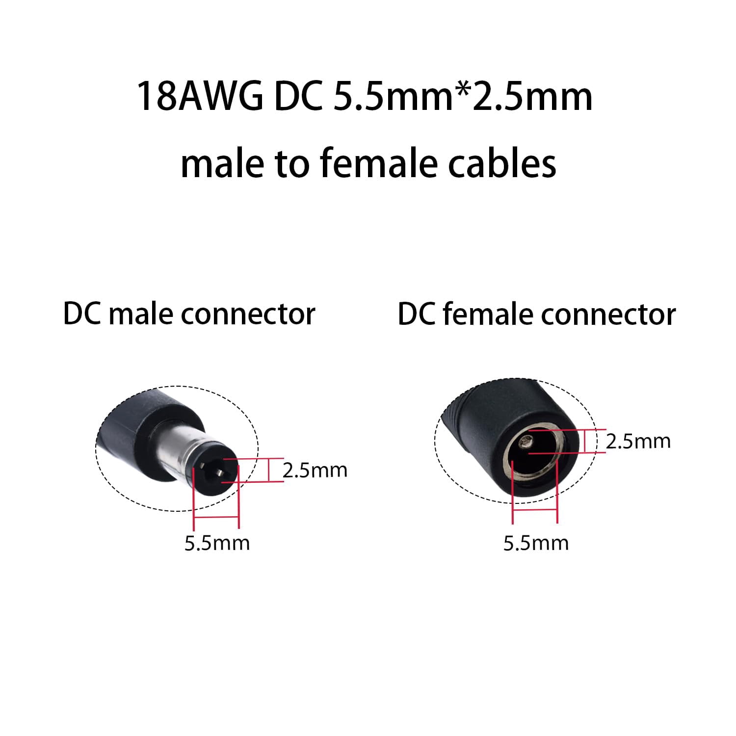 ASIASN-9.8FT 5.5mmx2.5mm DC Power Cable 3-Pack,18AWG Male to Female ...