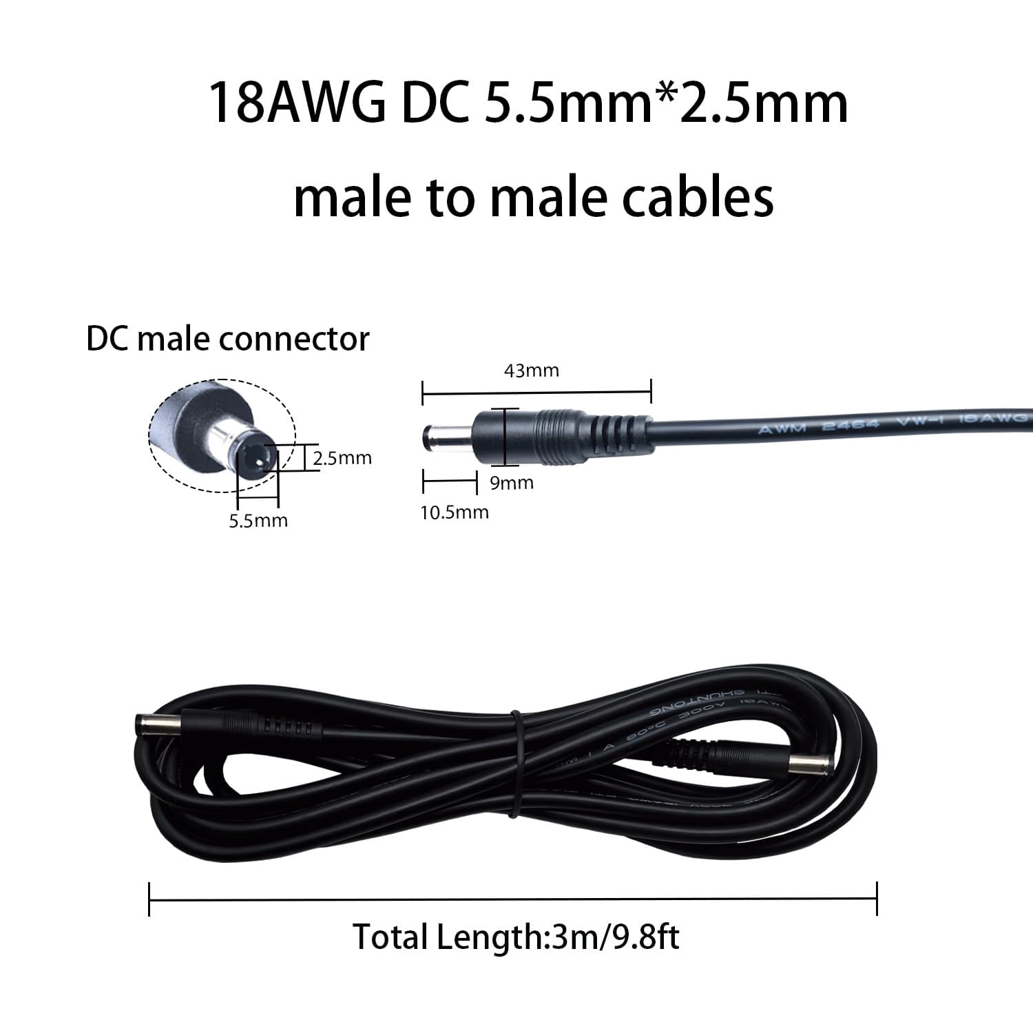 ASIASN-9.8FT 5.5mmx2.5mm DC Power Cable 3-Pack,18AWG Male to Male ...