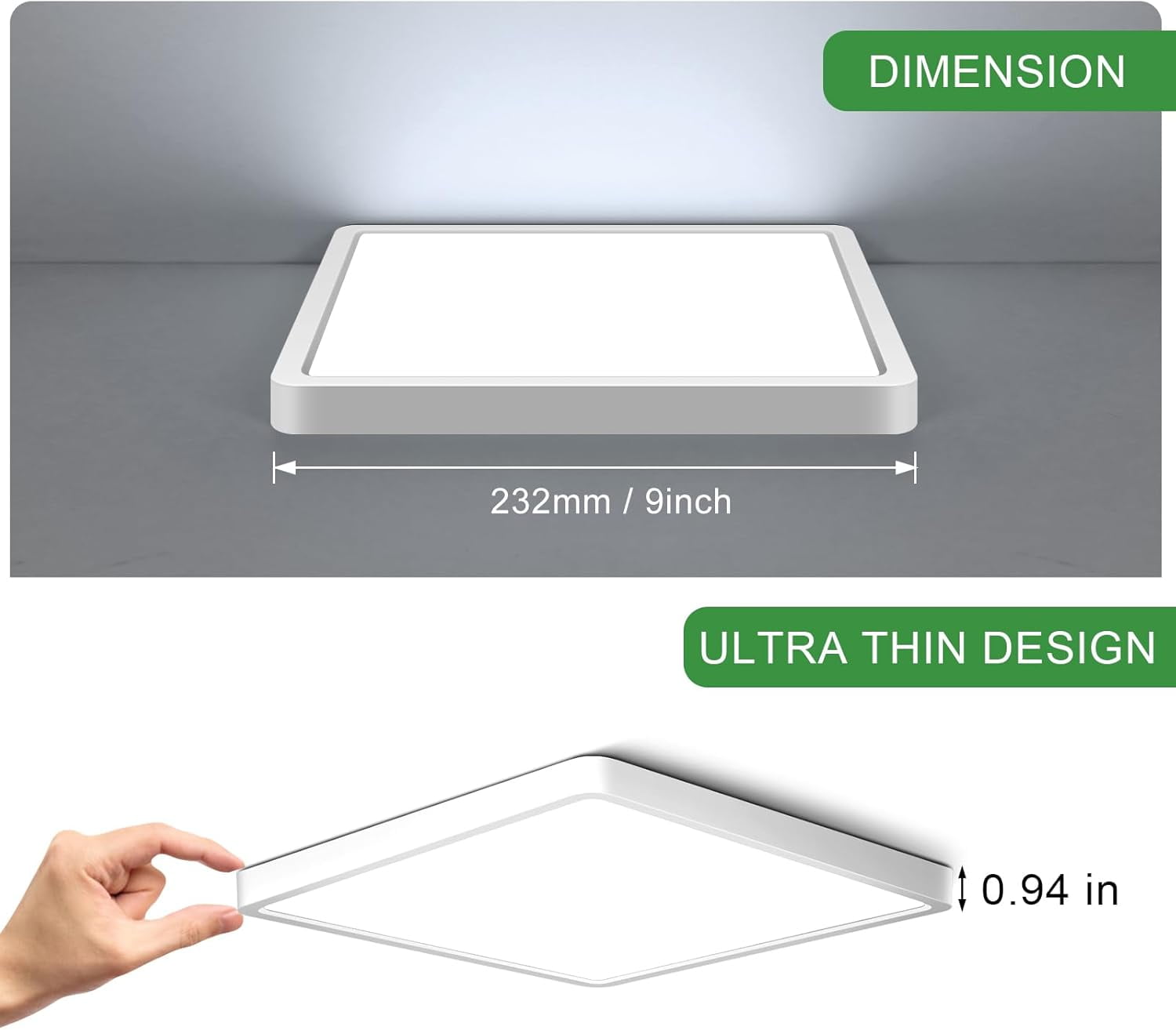 ASIASN-9Inch 18W Square LED Ceiling Light Fixtures, Flush Mount, Modern ...