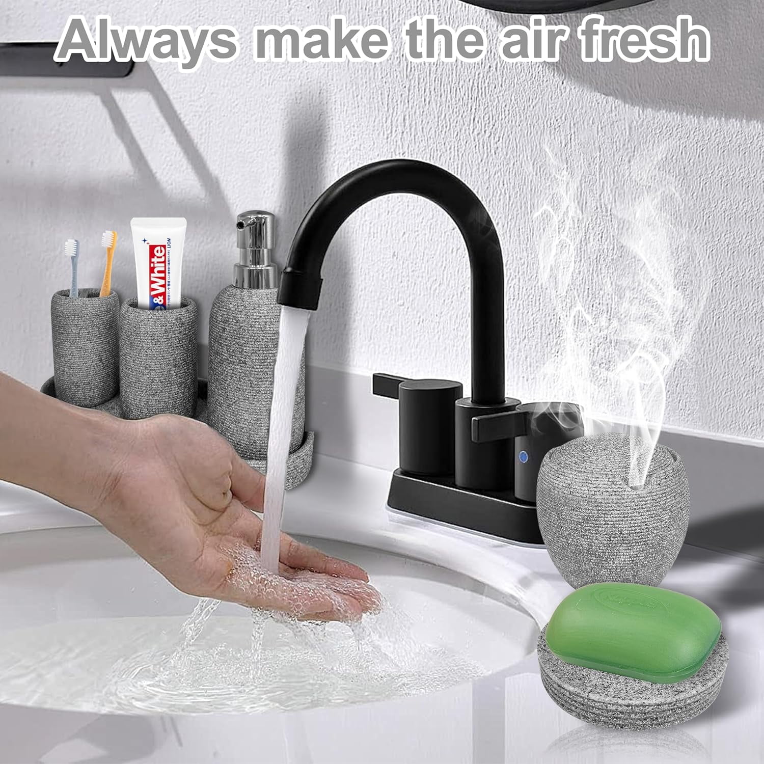 ASIASN-Bathroom Accessory Set, 6PCS Gray Bathroom Accessories - Soap ...