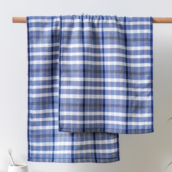 ASIASN-Blue Hand Towel Set of 2 Super Soft 100% Cotton Muslin Checkered ...
