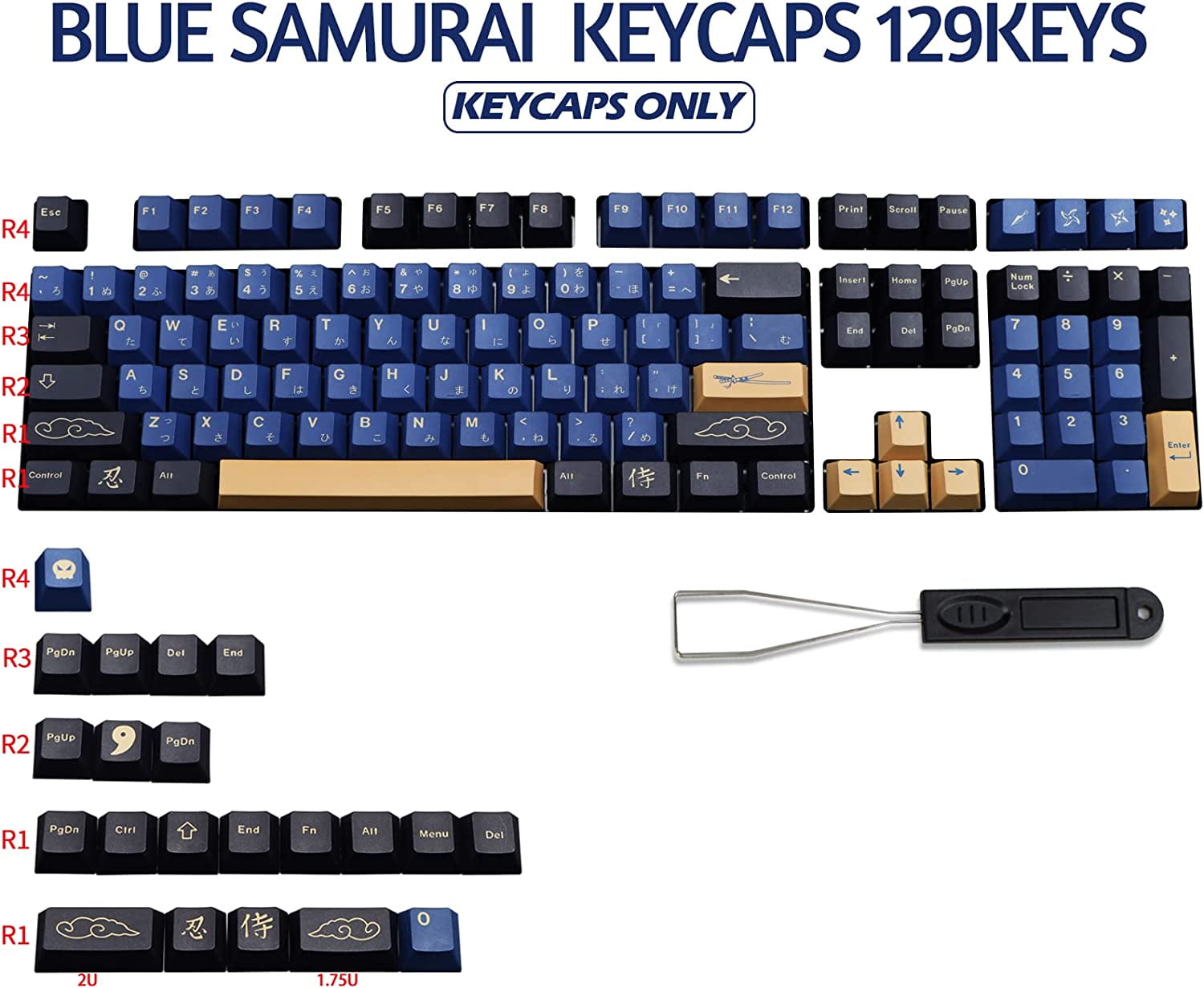 ASIASN-Blue Samurai Keycaps, 129 Set PBT KeyCaps for Gaming Keyboard ...