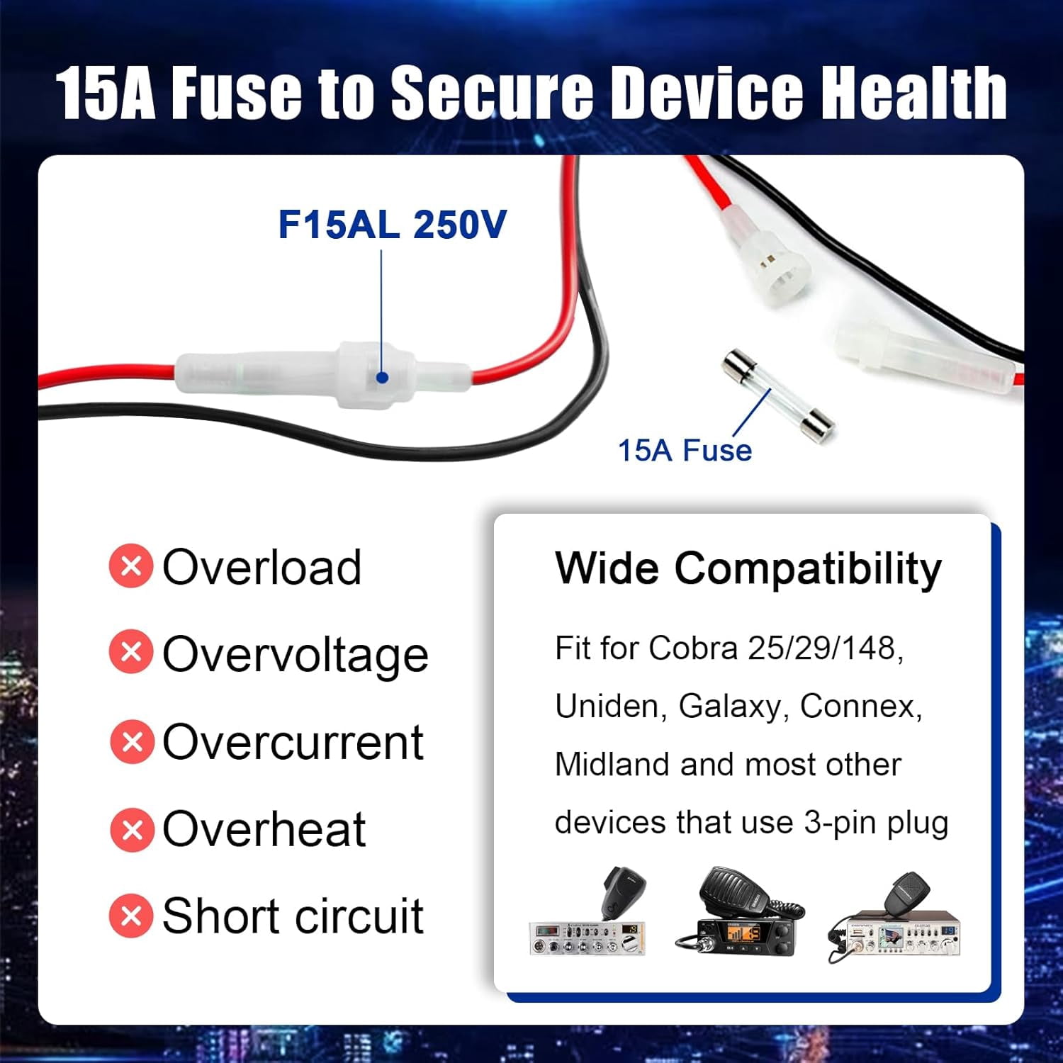 ASIASN-CB Radio Power Cord 3 Pin 2-Wire CB Power Cords with 15A Fused ...