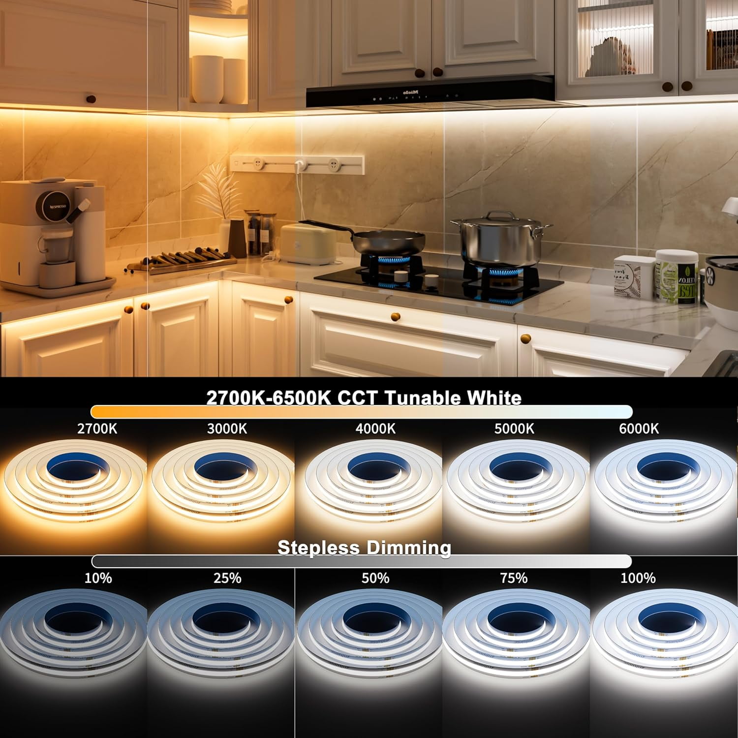 ASIASN-COB LED Strip Light White LED Tape Lights 2700K-6500K 24V Color ...