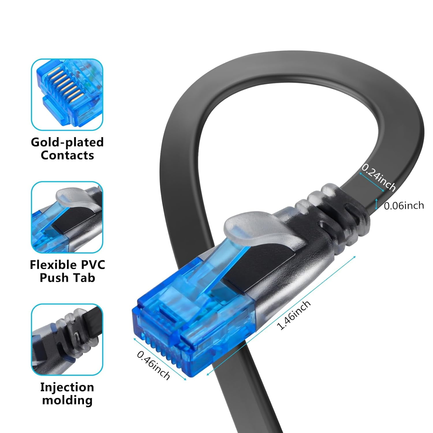 ASIASN-Cat 6 Ethernet Cable 100 ft High Speed, Black Flat Internet ...