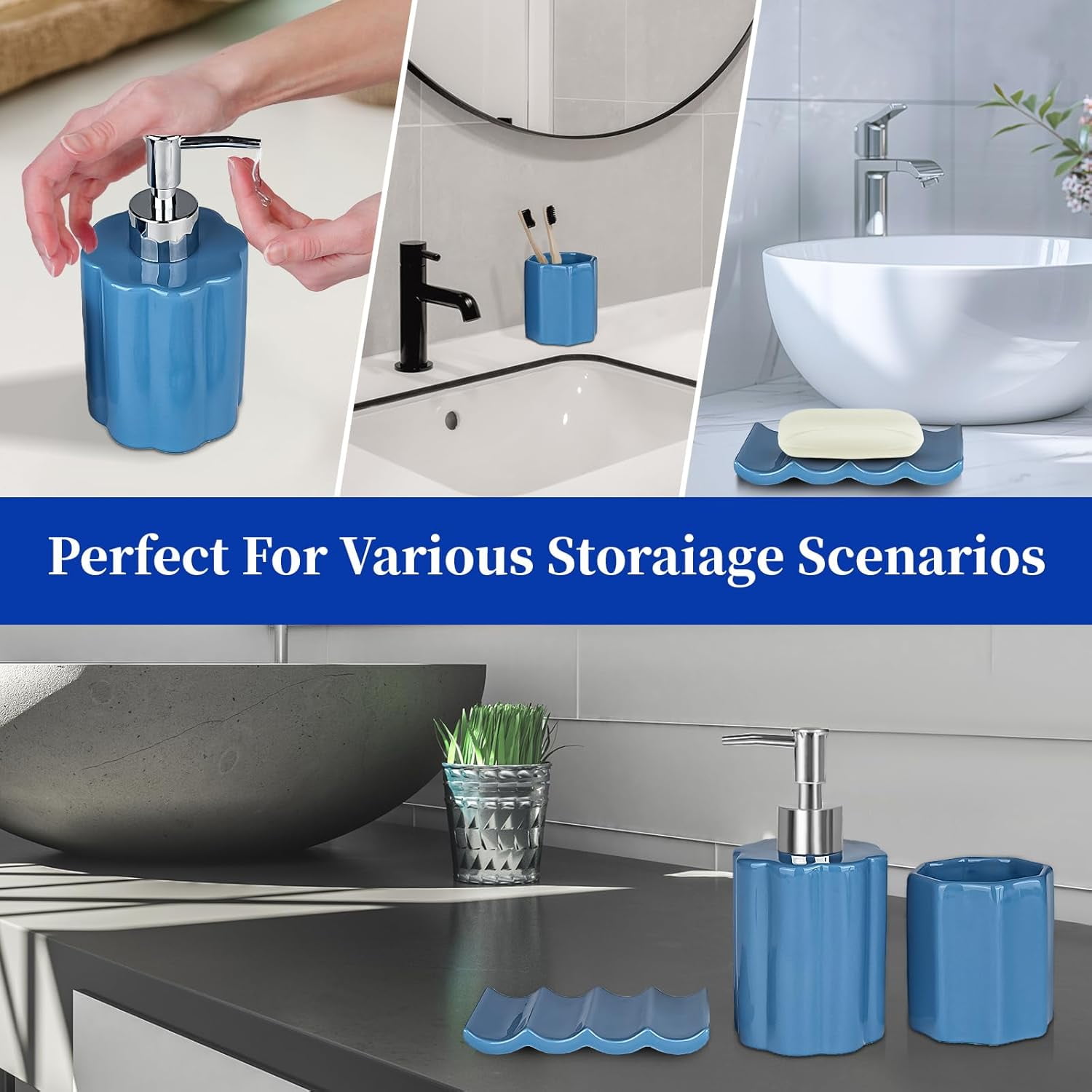 ASIASN-Ceramic Bathroom Accessories Set, 3-Piece - Blue Soap Dispenser ...