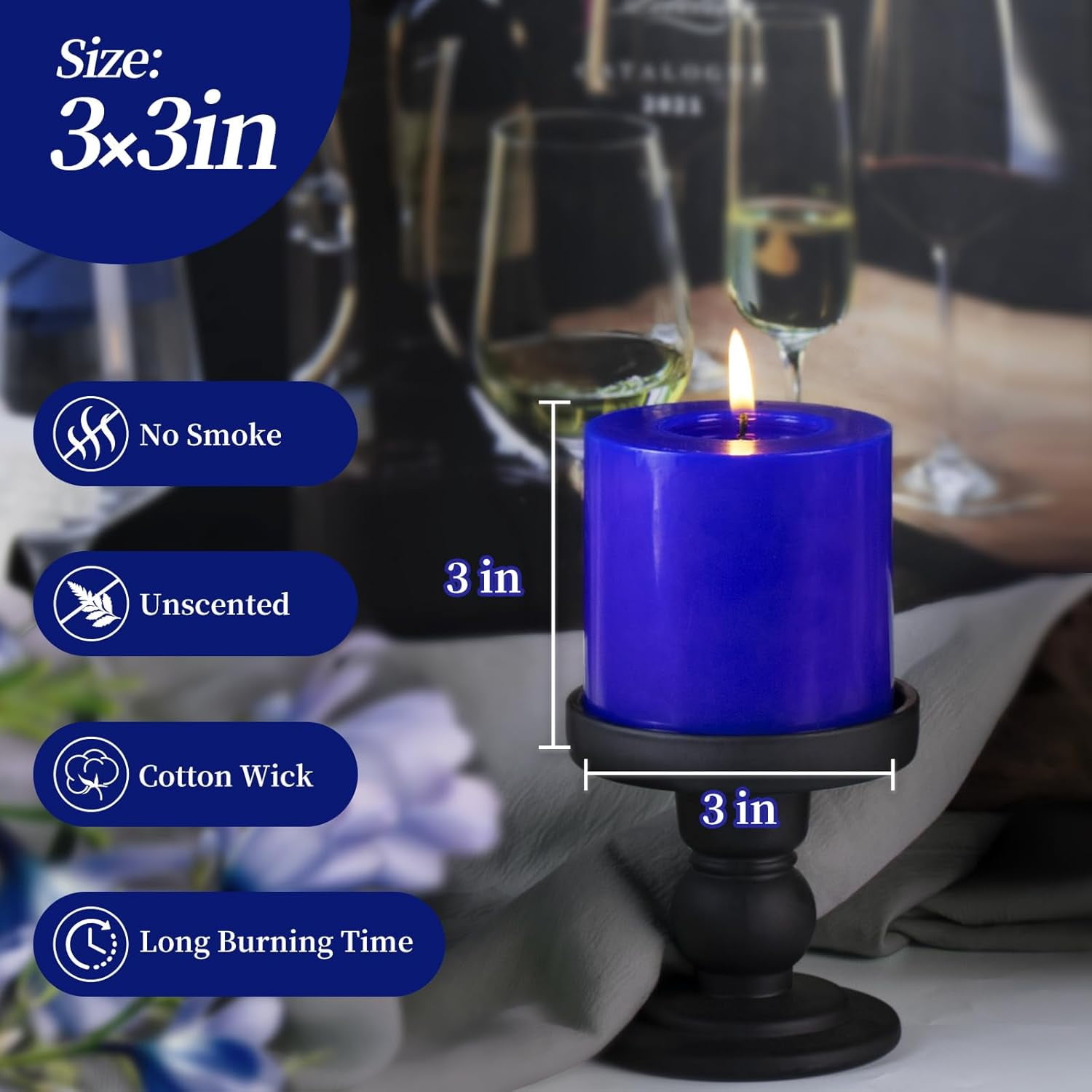 ASIASN-Classic Blue Pillar Candles Set of 3, 3"x 3" Unscented Pillar ...