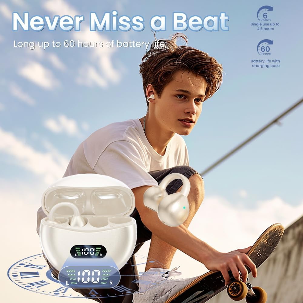 ASIASN-Clip on Earbuds Open Ear Wireless Bluetooth 5.4 Headphones with ...