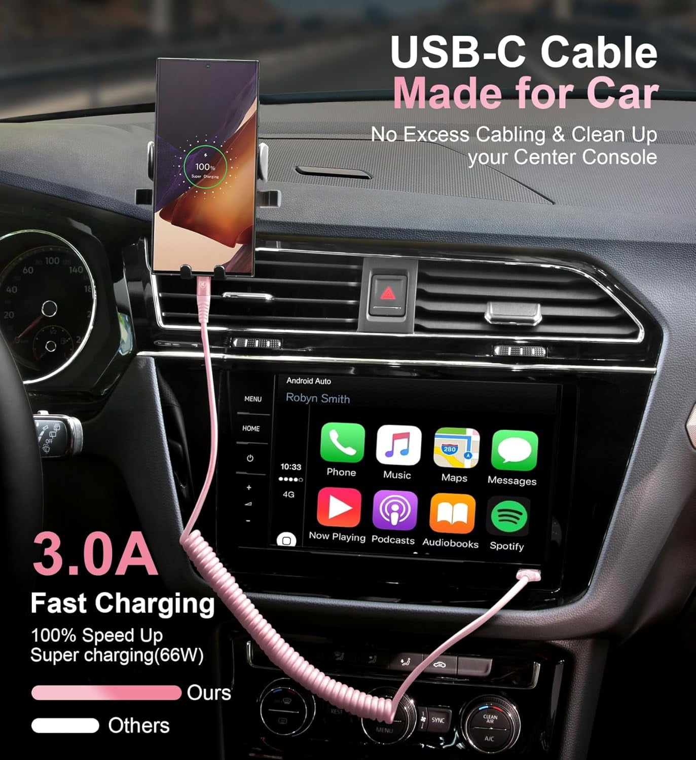 ASIASN-Coiled USB A to USB C Cable for Car [2-Pack, 6ft], USB Type C ...