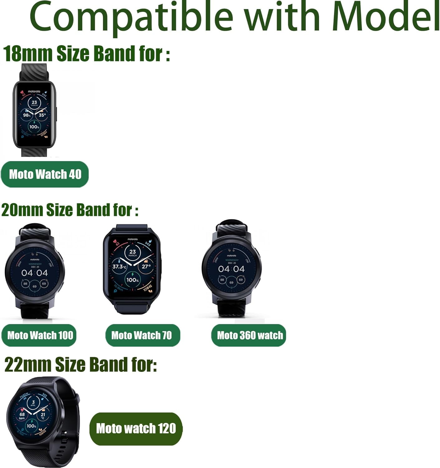 ASIASN-Compatible for Moto Watch 120 Band, 18mm, 20mm, 22mm Slim ...