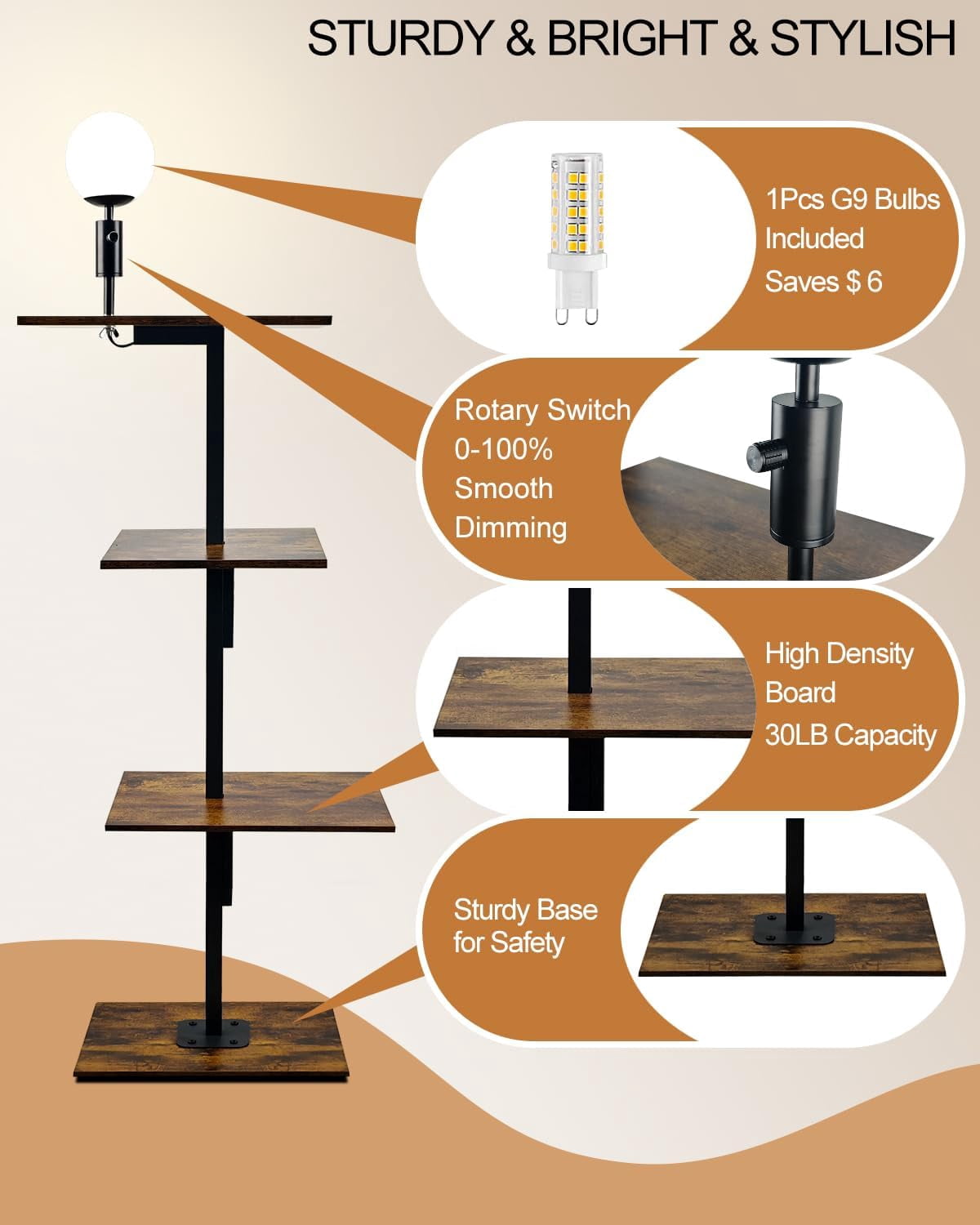 ASIASN-Corner Floor Lamp with Amber Wood Shelves, 4 Tier Dimmable Floor ...