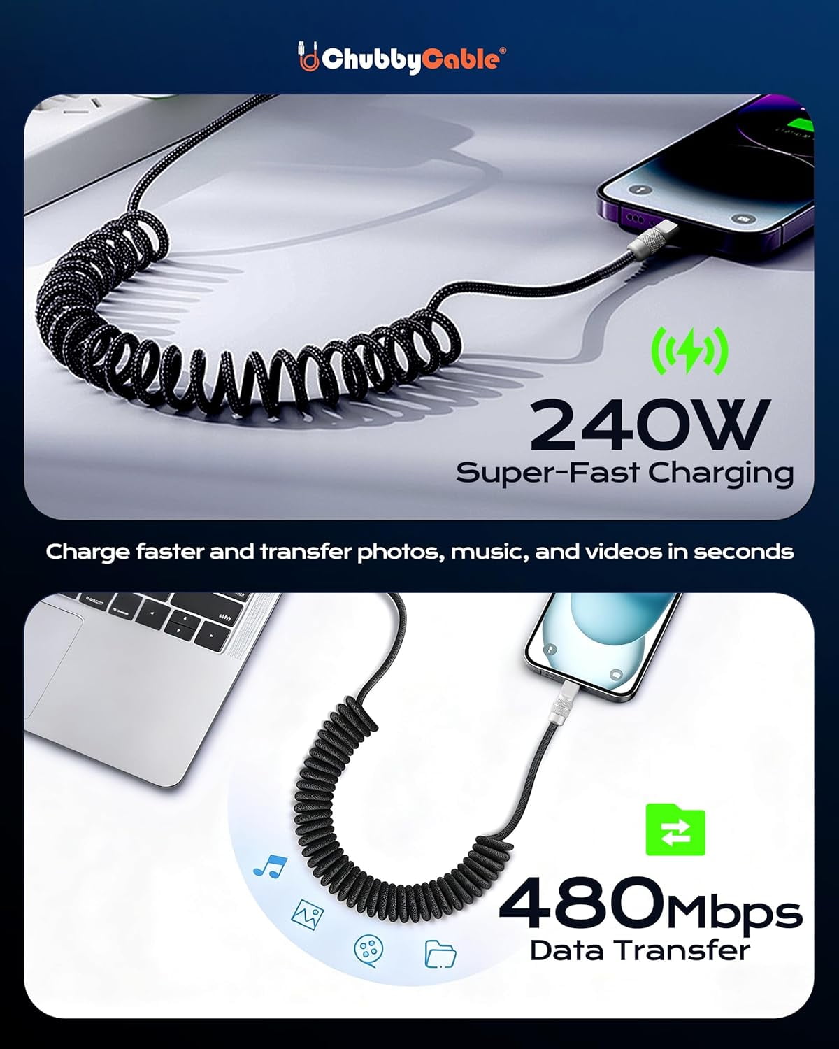 ASIASN-Curly Chubby Retractable Fast Charging Cable 240W Coiled Charger ...