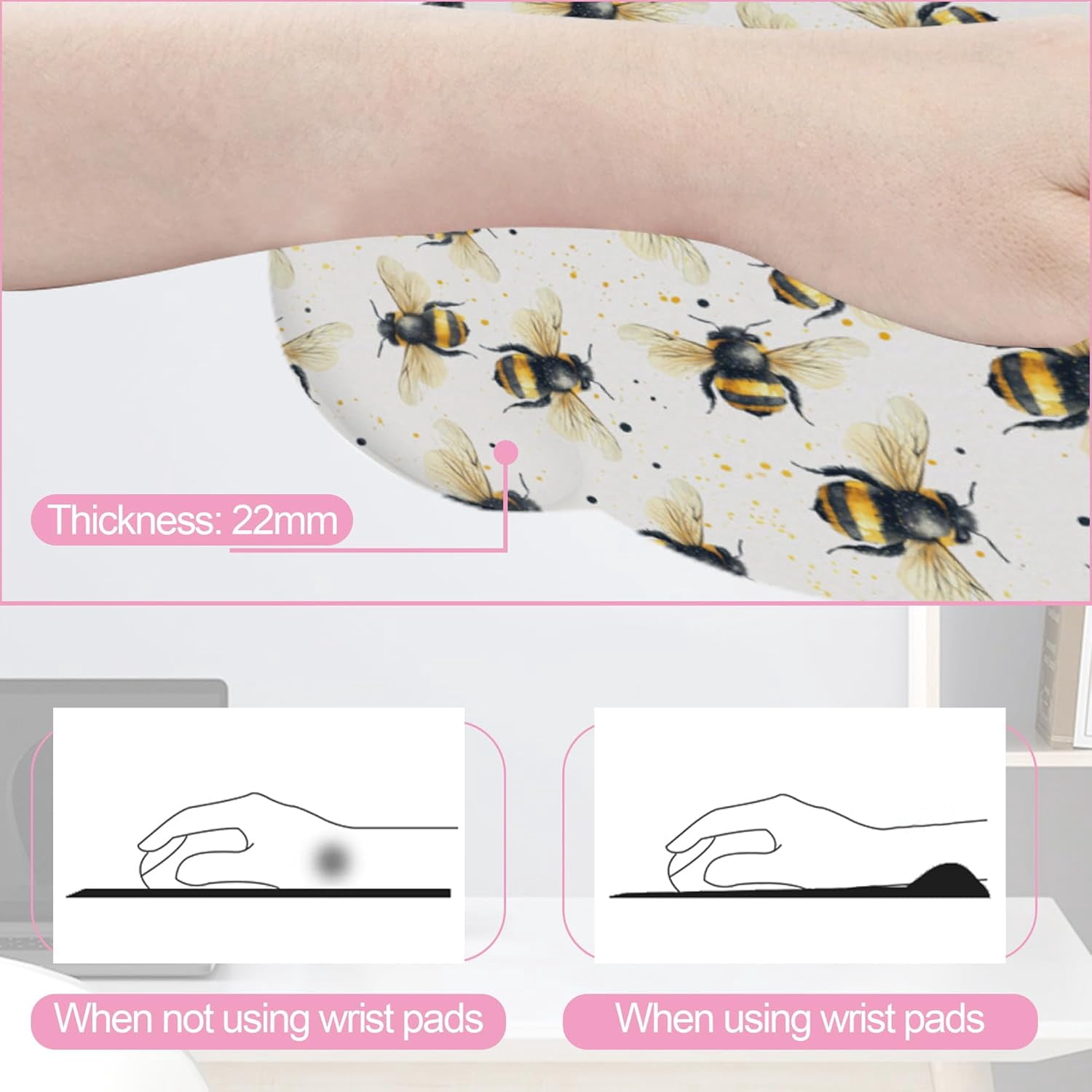 ASIASN-Cute Bee Mouse Pad with Wrist Rest Set, 3-in-1 Wrist Support ...