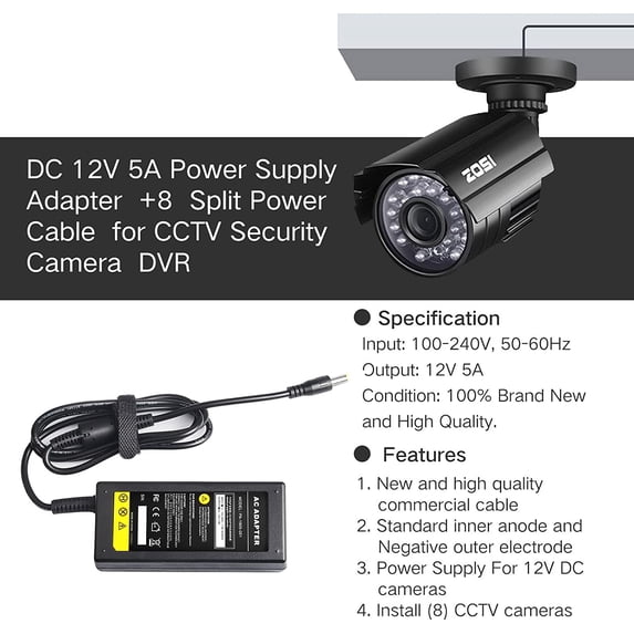 ASIASN-DC 12V 5A Power Supply Adapter with 8 Splitter Power Cable for ...