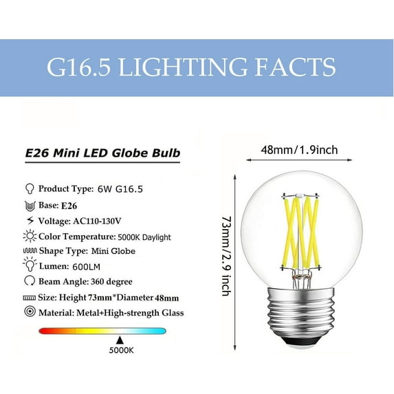 ASIASN-Dimmable G16.5 LED Light Bulbs, 6W E26 Edison LED Bulbs,Daylight ...