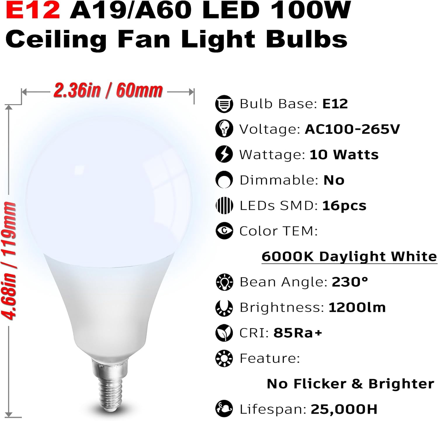 ASIASN-E12 100W Equivalent LED Candelabra Bulbs, E12 A19 A60 LED ...