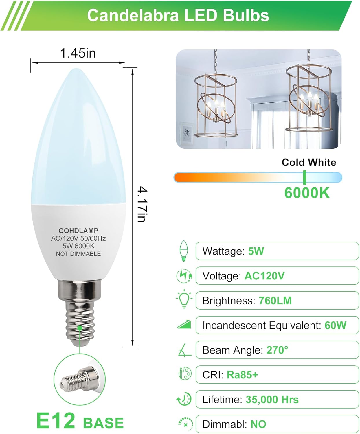 ASIASN-E12 LED Bulbs 60W Equivalent, 5W Non-Dimmable B11 Candelabra ...