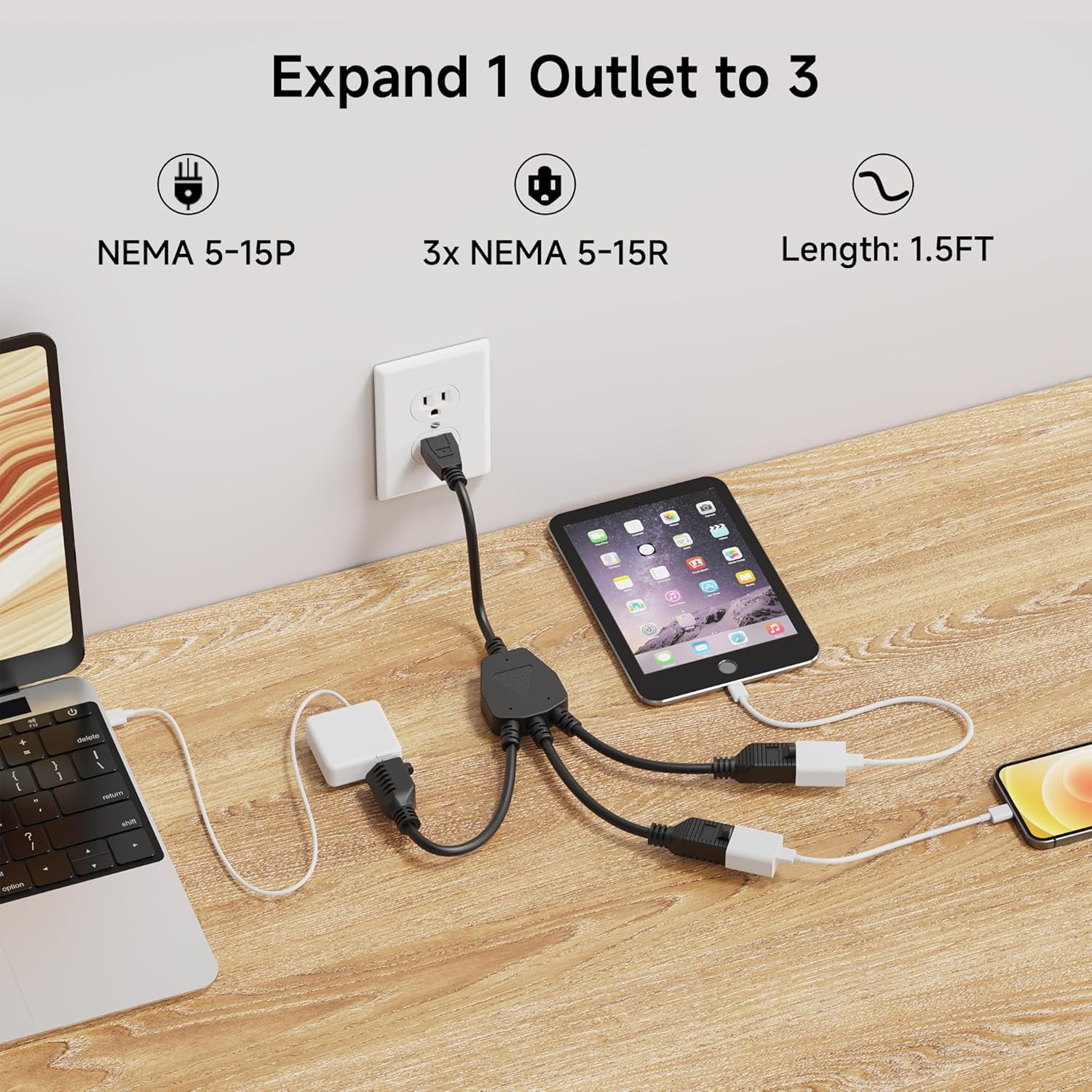 ASIASN-[ETL Listed] 2-Pack 3 Outlet Power Splitter Cord - 1.5ft, NEMA 5 ...