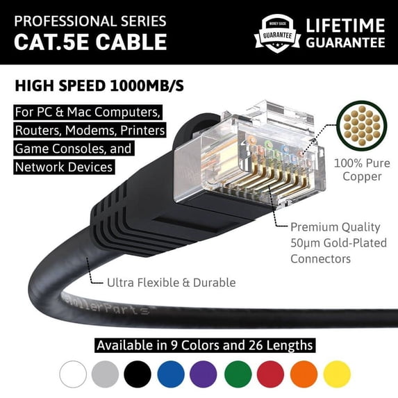 ASIASN-Ethernet Cable CAT5E Cable UTP Booted 50 FT - Black ...