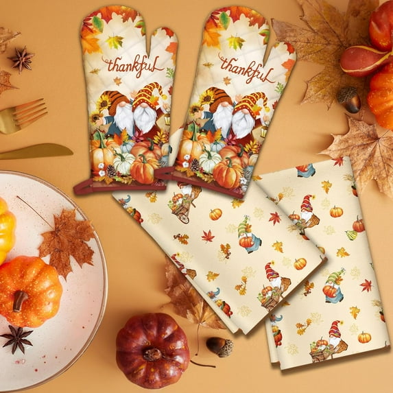 ASIASN-Fall Thanksgiving Gnome Kitchen Towels and Oven Mitts Set 4Pcs ...