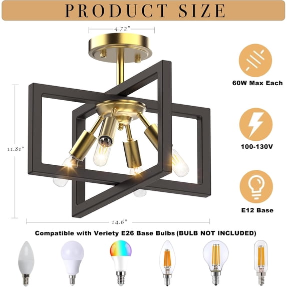 ASIASN-Farmhouse Chandelier 4 Light-Semi Flush Mount Ceiling Light ...