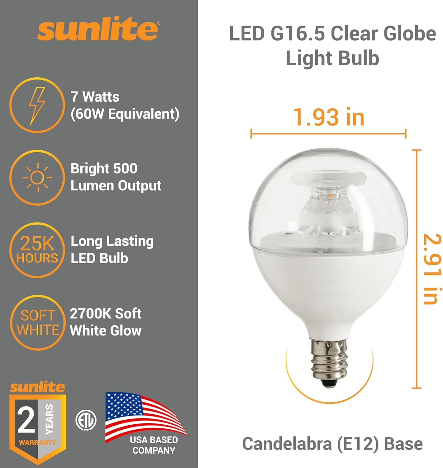 ASIASN-G16.5 Light Bulb LED, 7 Watts (60W Equiv.), 500 Lumens, Dimmable ...