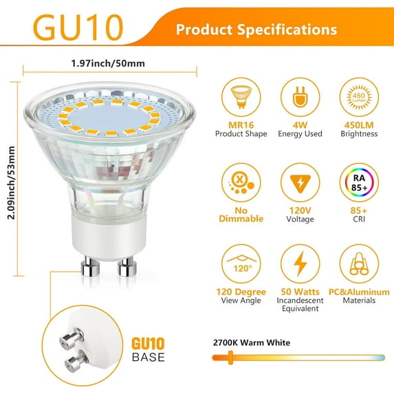 ASIASN-GU10 LED Light Bulb, 50 Watt Halogen Equivalent, Warm White ...