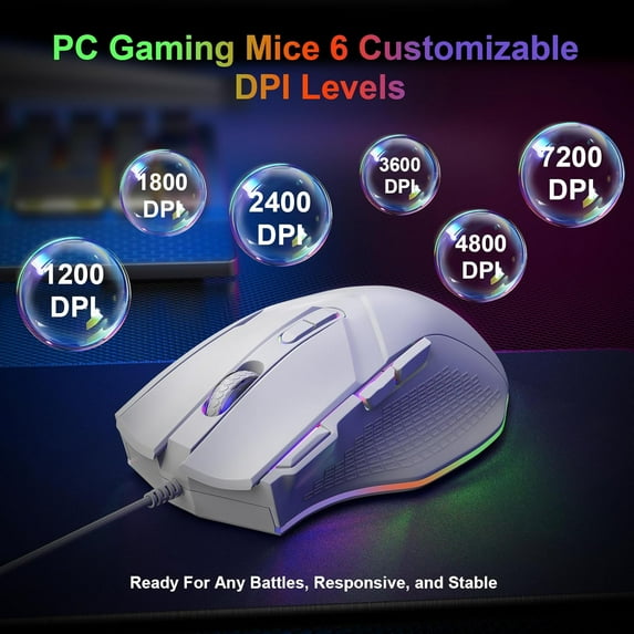 ASIASN-Gaming Mouse 6 Adjustable DPI Up to 7200 Wired PC Gaming Mouse 8 ...