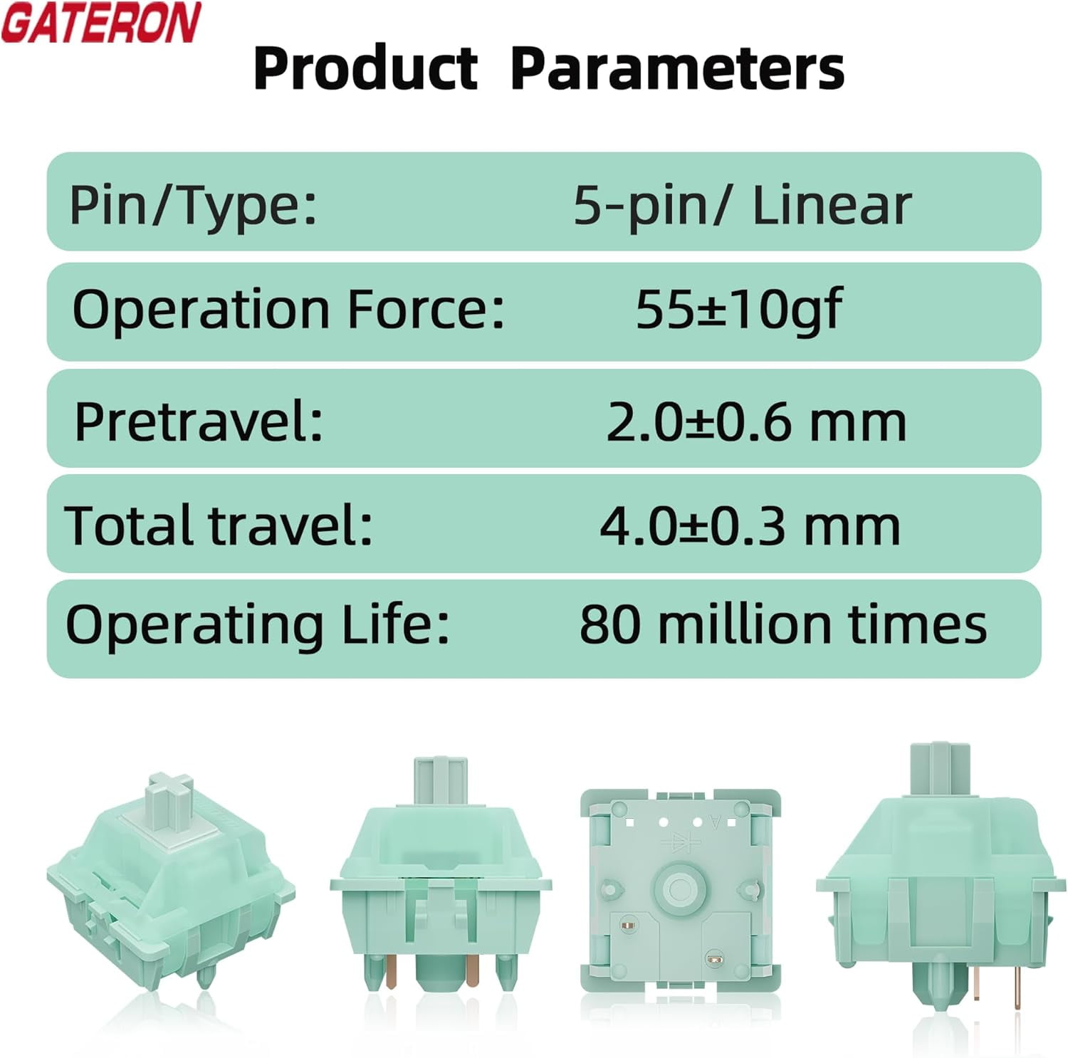 ASIASN-Gateron Jade Mint Keyboard Switch,5-Pin 55gf Pre Lubed 22mm Dual ...